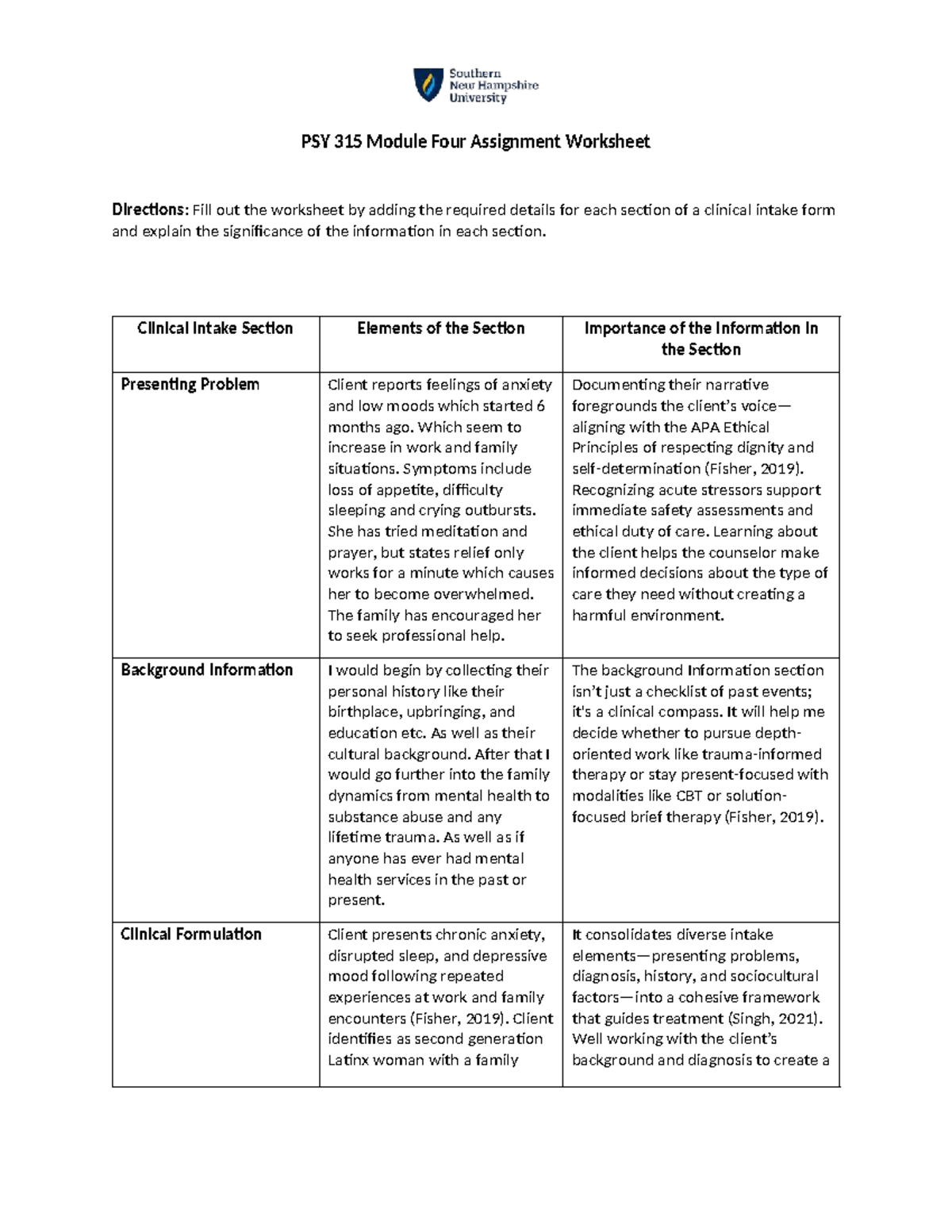 PSY 315 Module Four Clinical Intake Form Analysis and Recommendations ...