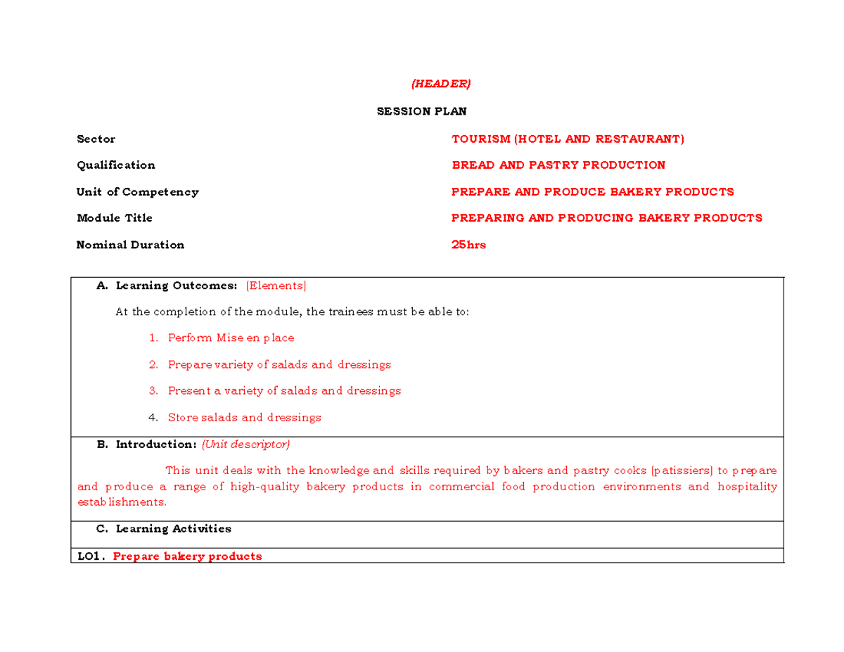 Session Plan: Preparing & Producing Bakery Products (BREAD & PASTRY ...