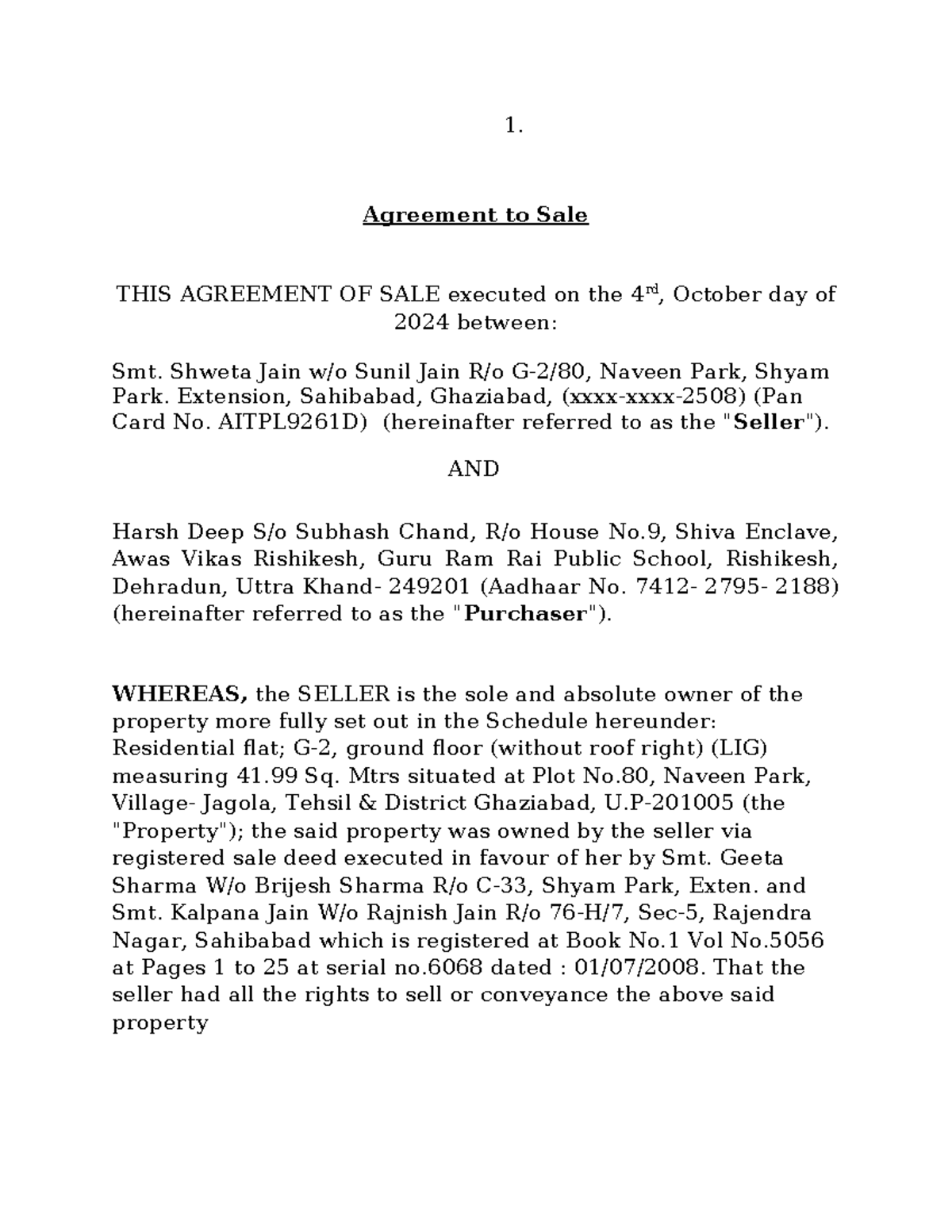 Agreement TO SELL - NICE - 1. Agreement to Sale THIS AGREEMENT OF SALE ...