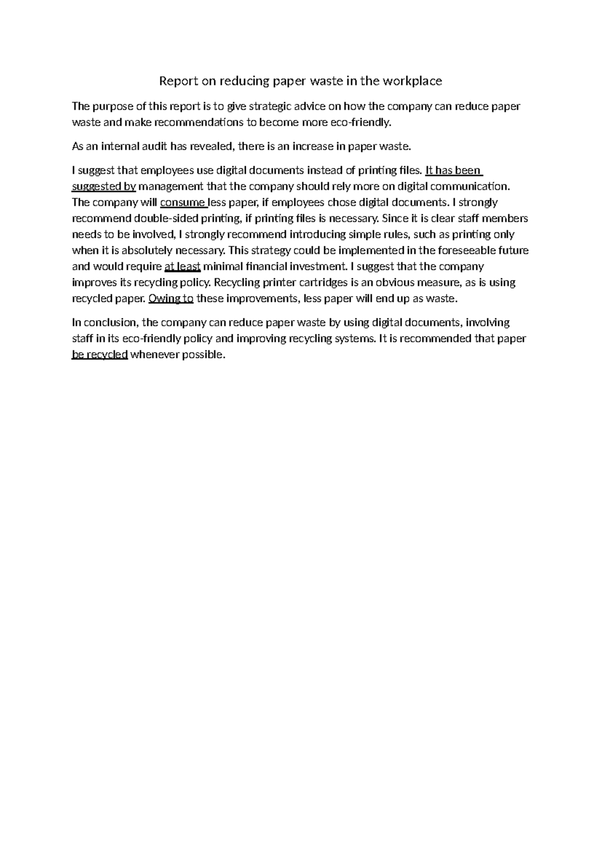 Strategic Report on Reducing Paper Waste in the Workplace - Studocu