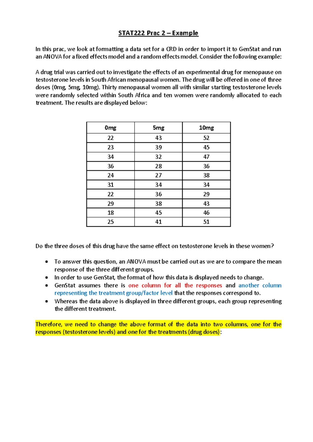 Prac 2 & 3 Example: ANOVA for Drug Trial Data Analysis - Studocu