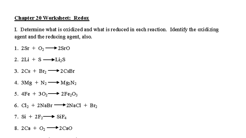 HW Worksheet Redox - idk - Chapter 20 Worksheet: Redox I. Determine ...