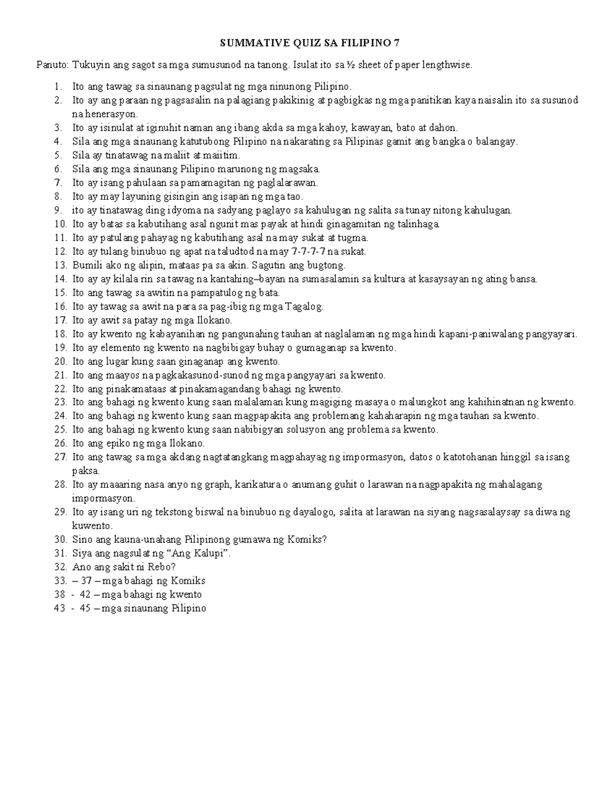 Summative Quiz SA Filipino 8 (SY 2024-25) - Comprehensive Questions ...