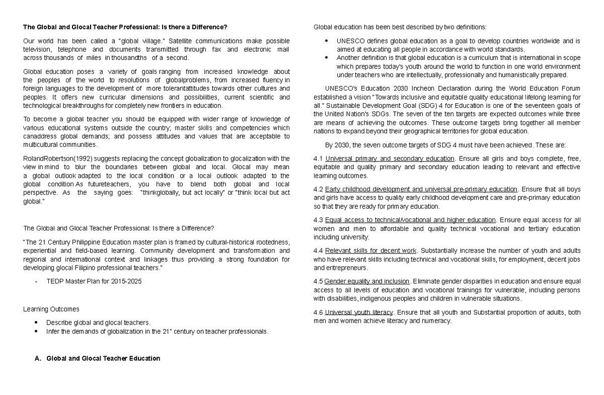 EDUC3: Understanding Global and Glocal Teacher Professionalism - Studocu