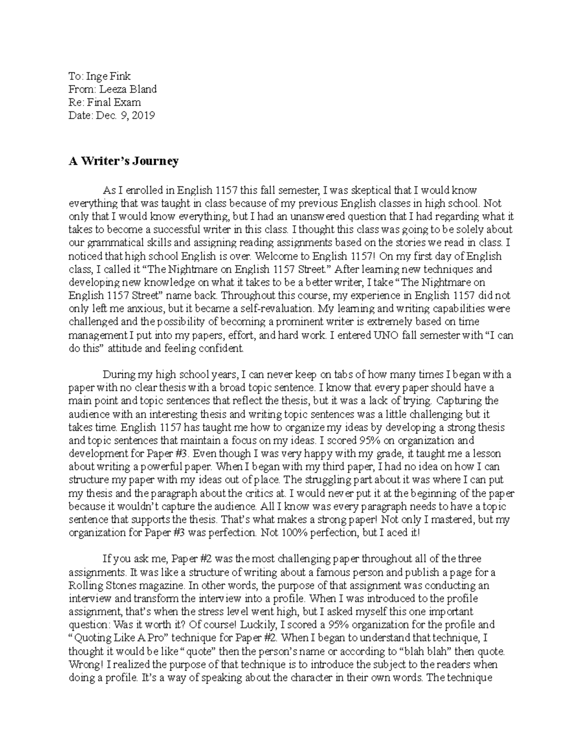 Final Exam Reflection: My Growth in English 1157 Writing Skills - Studocu