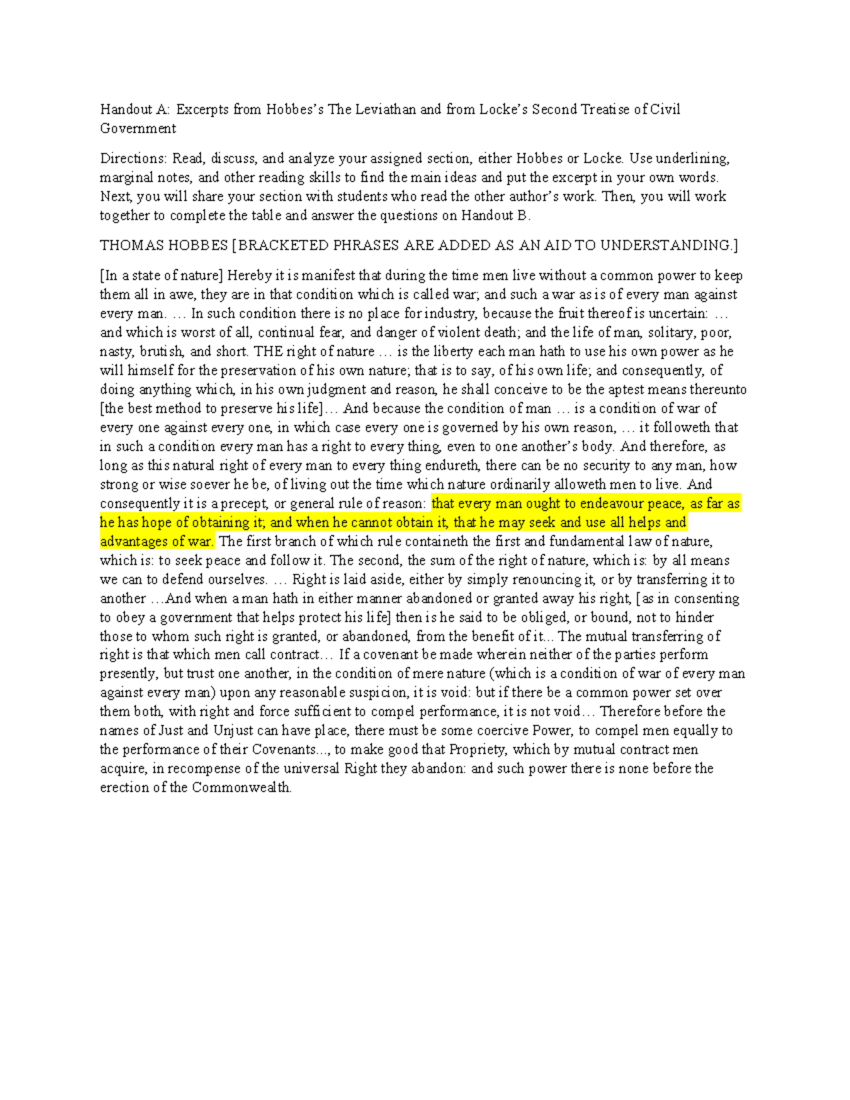 Handout A: Analysis of Hobbes and Locke's Political Theories - Studocu