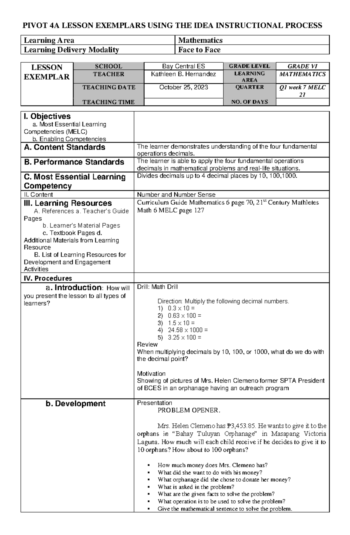 COT 1 - KATH Q1 WEEK 7: Math Lesson Exemplars on Decimals - Studocu