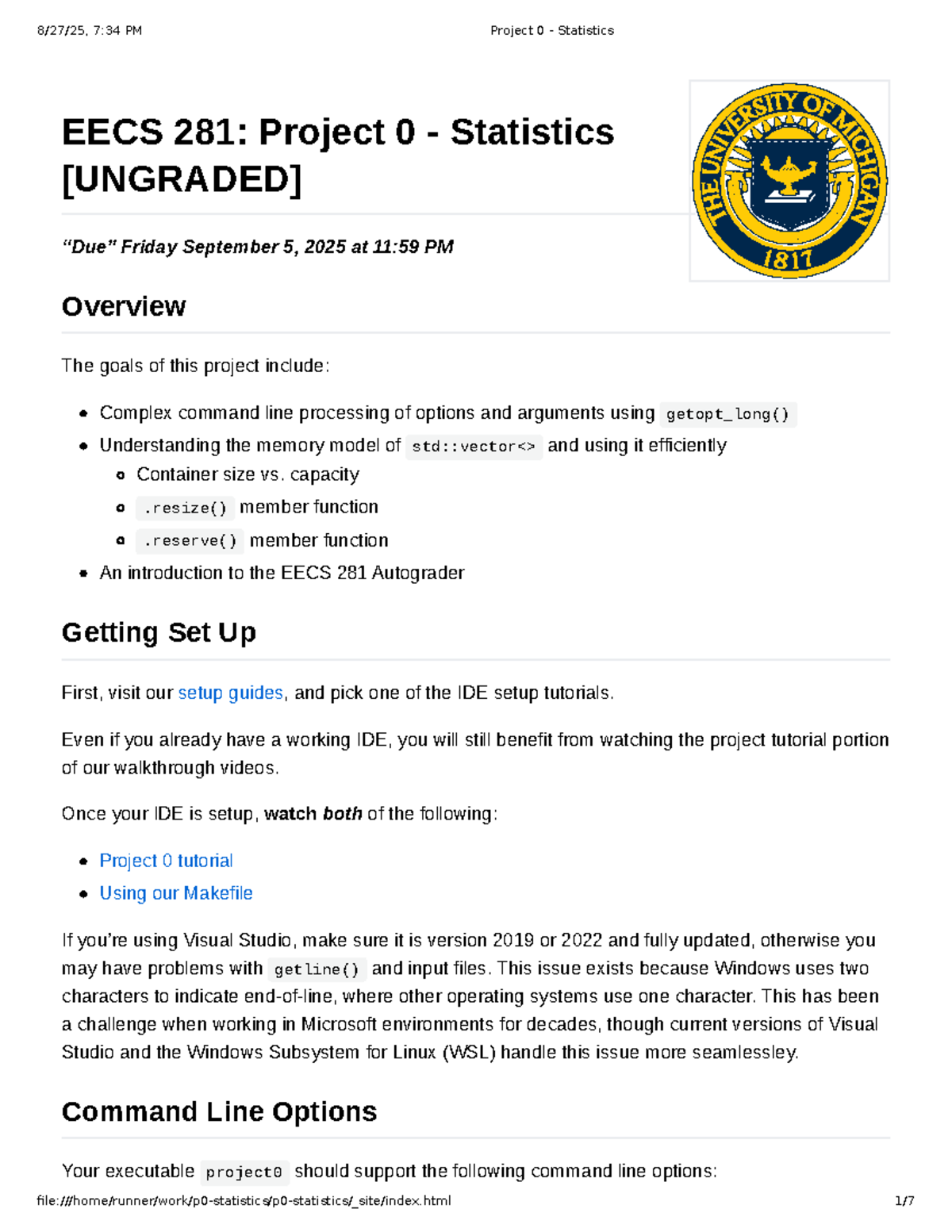 EECS 281: Project 0 Statistics Overview and Setup Guide - Studocu
