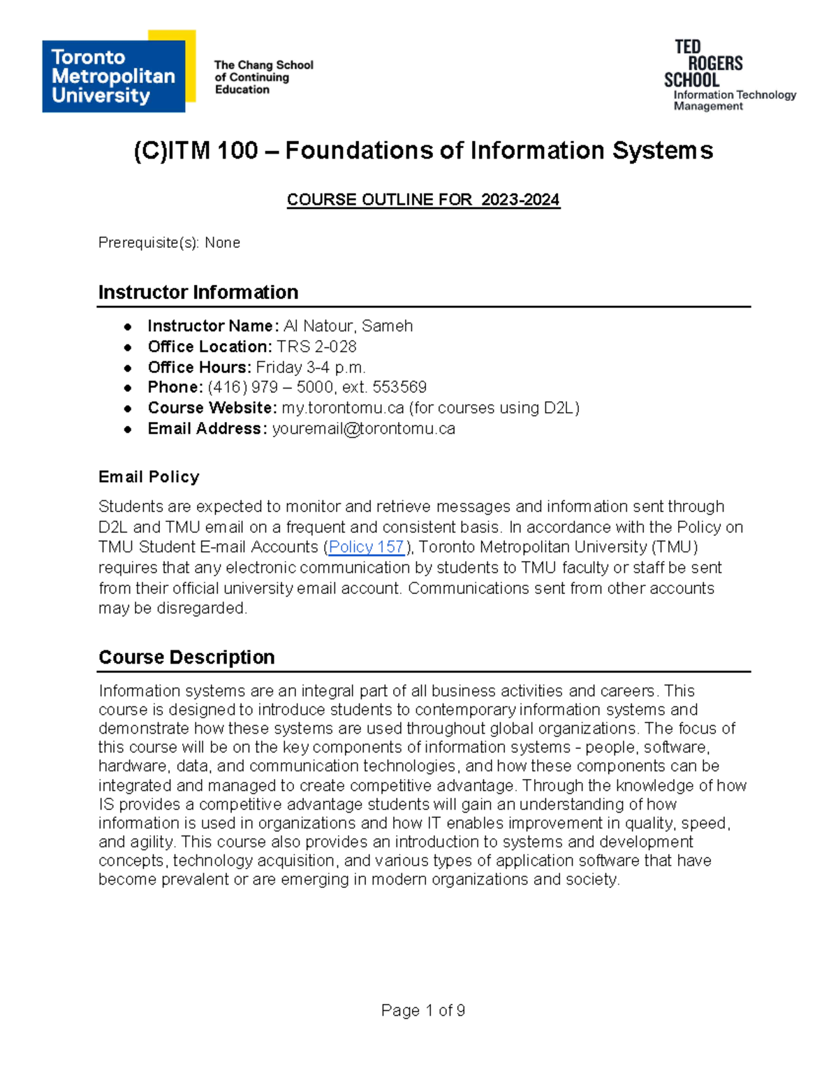 ITM 100 Course Outline for 2023-2024: Foundations of Information ...