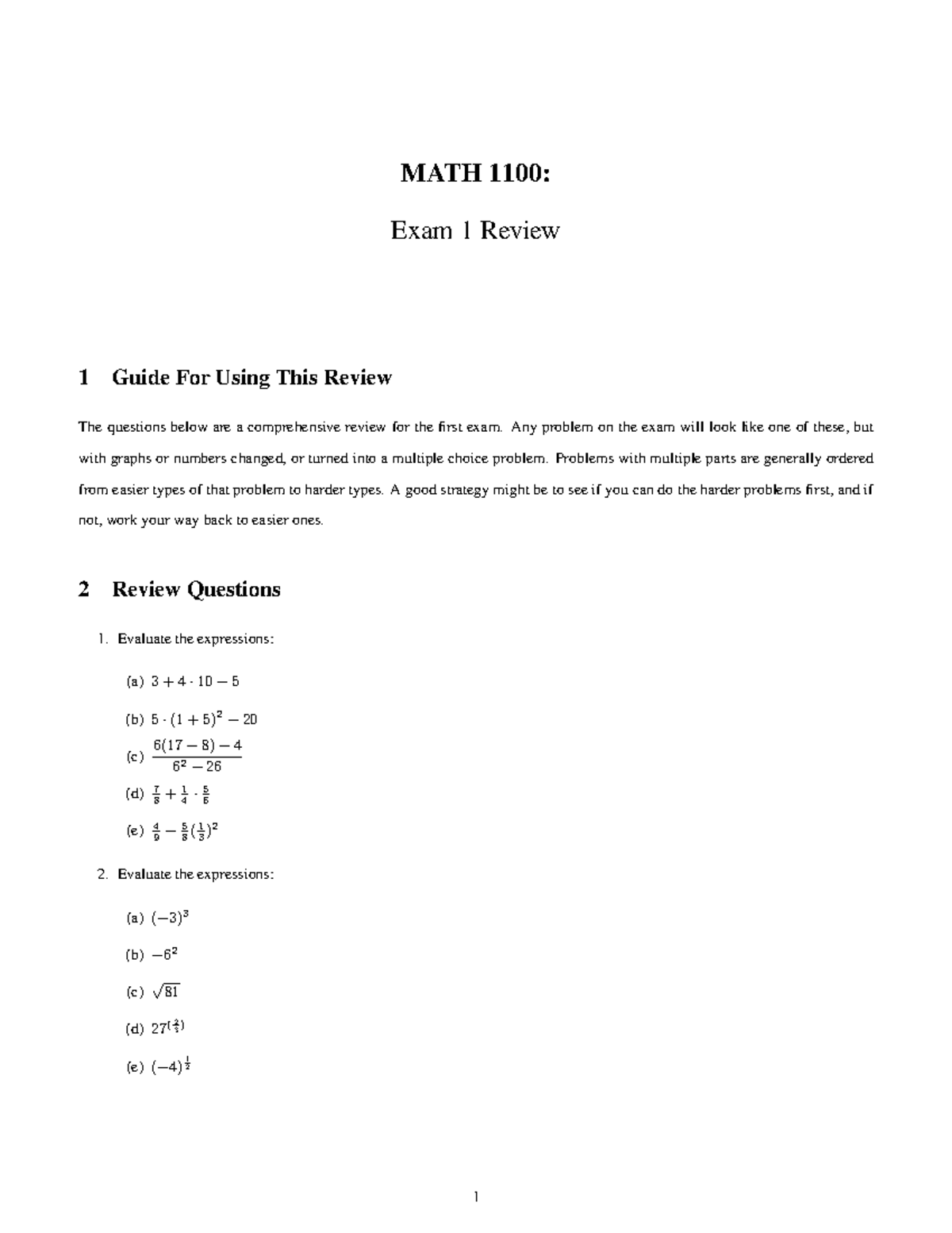 MATH 1100: Comprehensive Exam 1 Review Guide with Practice Questions ...