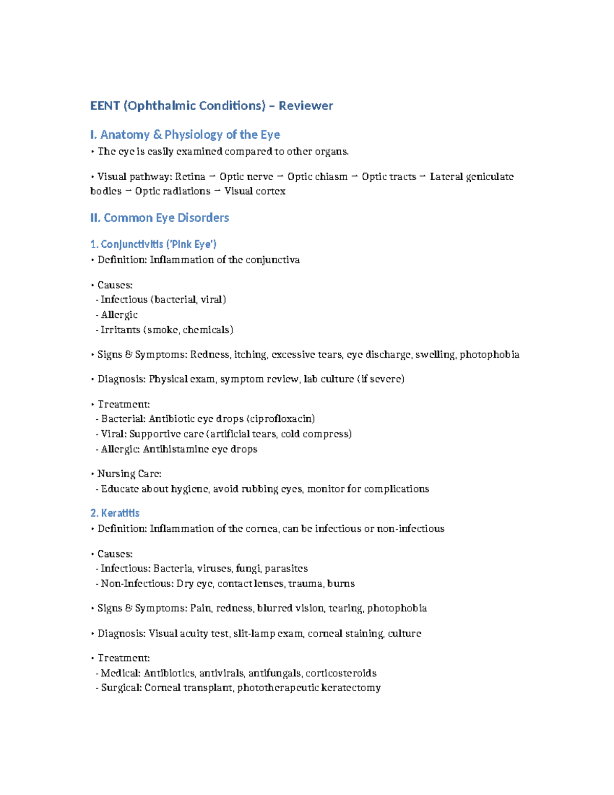 EENT (Ophthalmic Conditions) Review: Anatomy & Common Disorders - Studocu