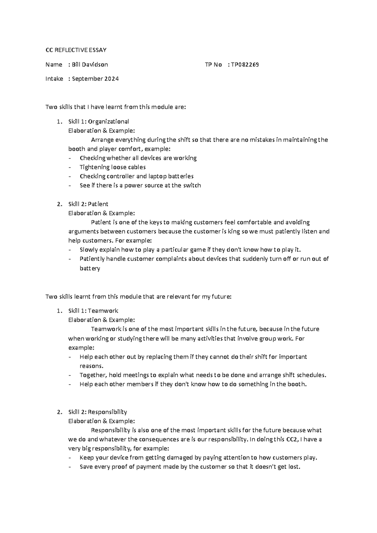 CC Reflective Essay: Skills Learned in Module TP082269 - Studocu