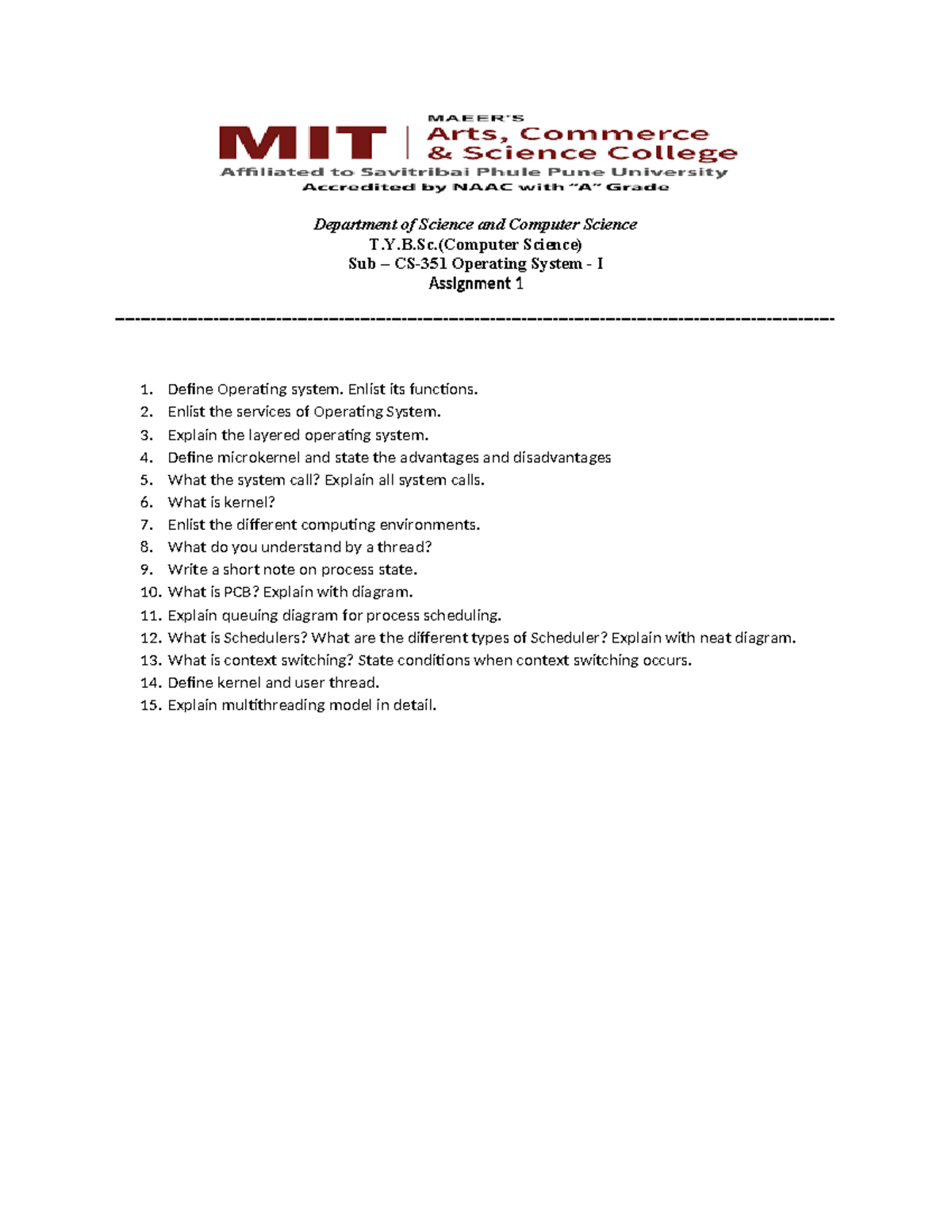 Assignment 1 OS-I - Department of Science and Computer Science T.Y.B ...