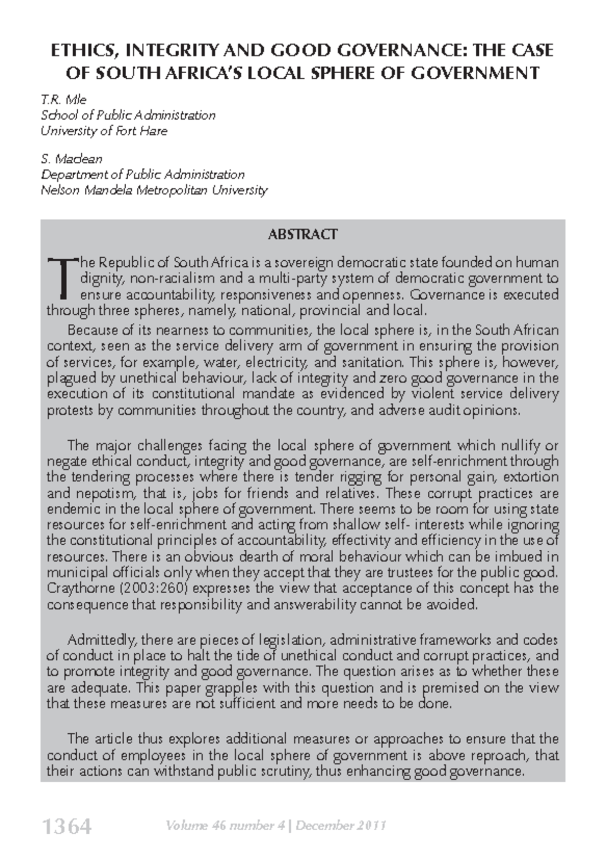 Arch Ethics, Integrity and good governance the case of South Africas ...