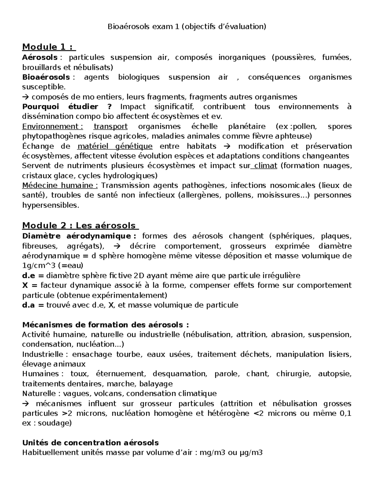 Révision examen 1 bioaérosols - Bioaérosols exam 1 (objectifs d’évaluation) Module 1 : Aérosols ...