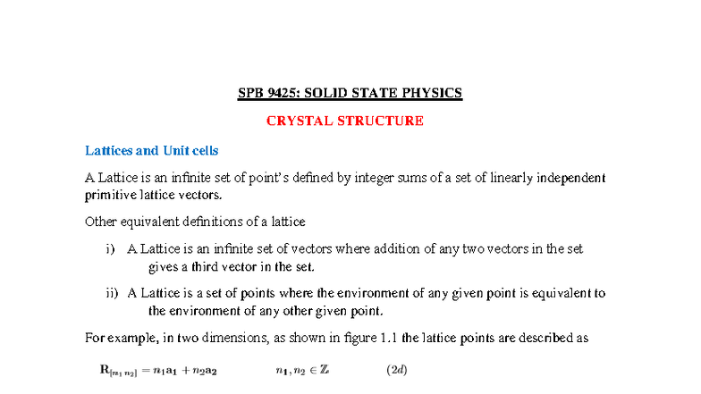 SPB 9425: Crystal Structure Overview - Lattices & Unit Cells - Studocu