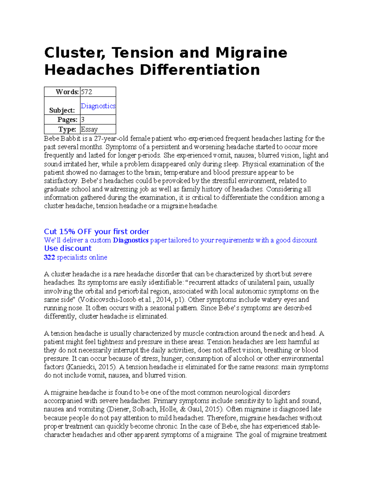 Diagnostics of Migraine: An Analytical Essay on Bebe Babbit's Case ...