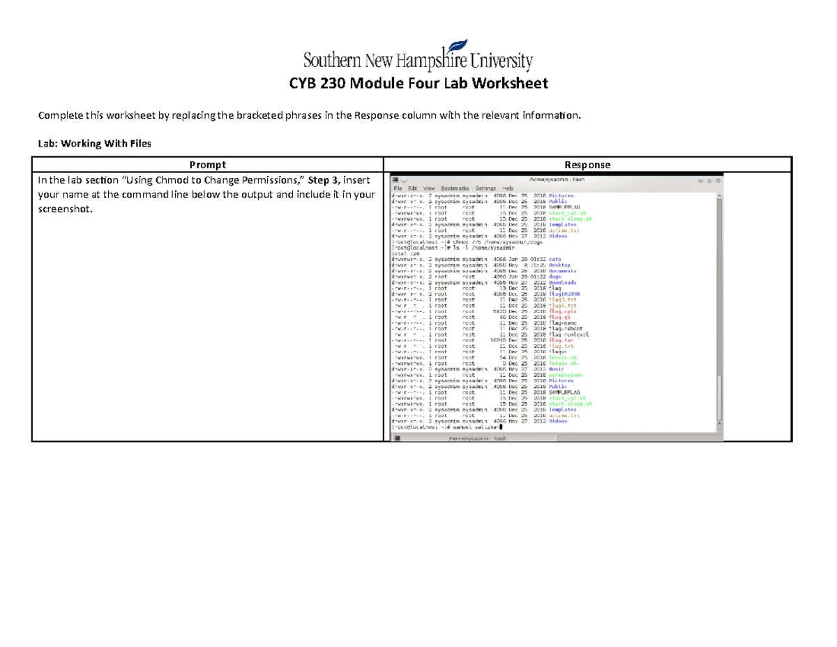 CYB 230 Project 2 Lab Worksheet - CYB 230 Module Three Lab Worksheet Complete this worksheet by ...