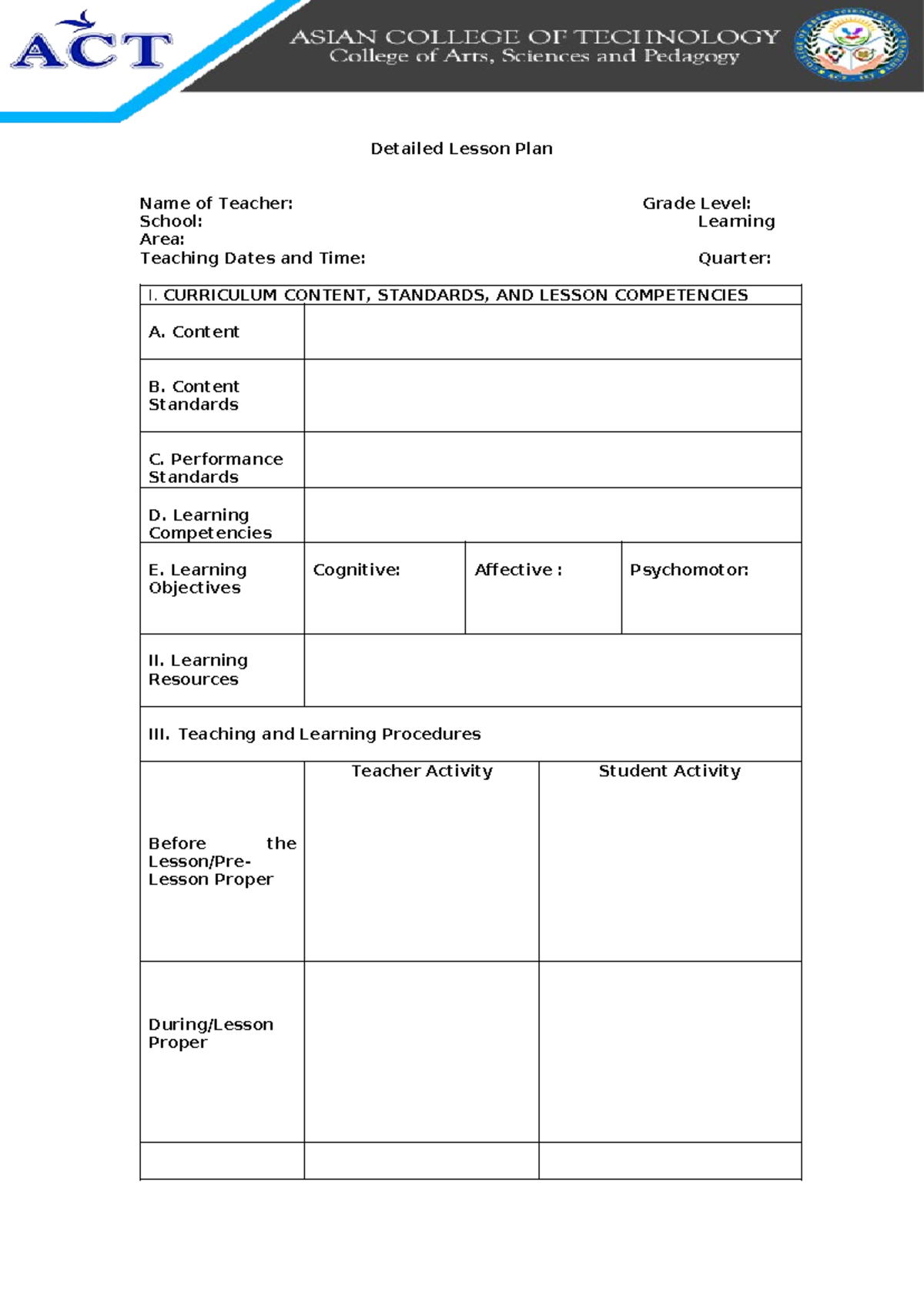 Lesson Plan Template 1 - Not applicable - elem education - Detailed ...
