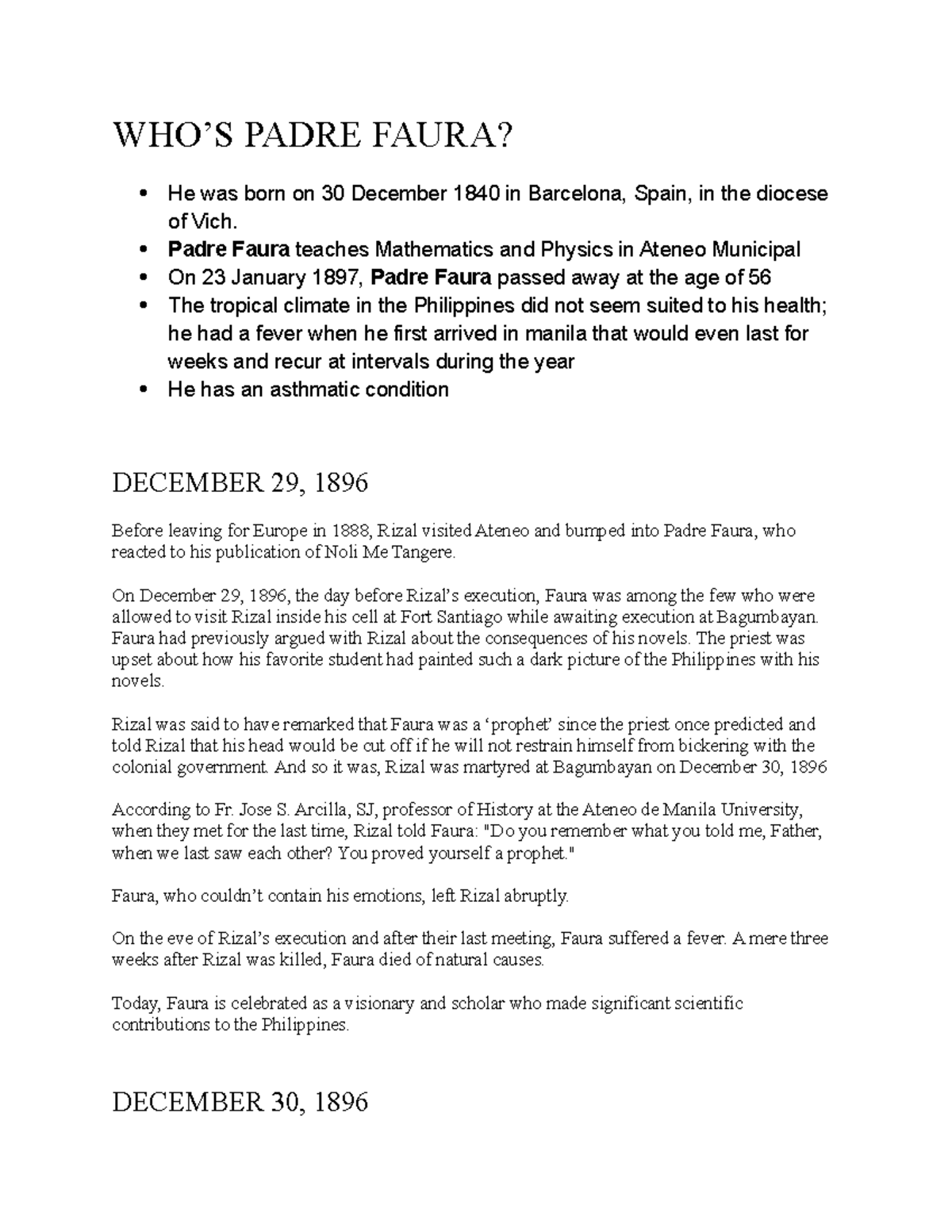 Padre Faura's Legacy: Rizal's Mentor and Visionary Scholar - Studocu