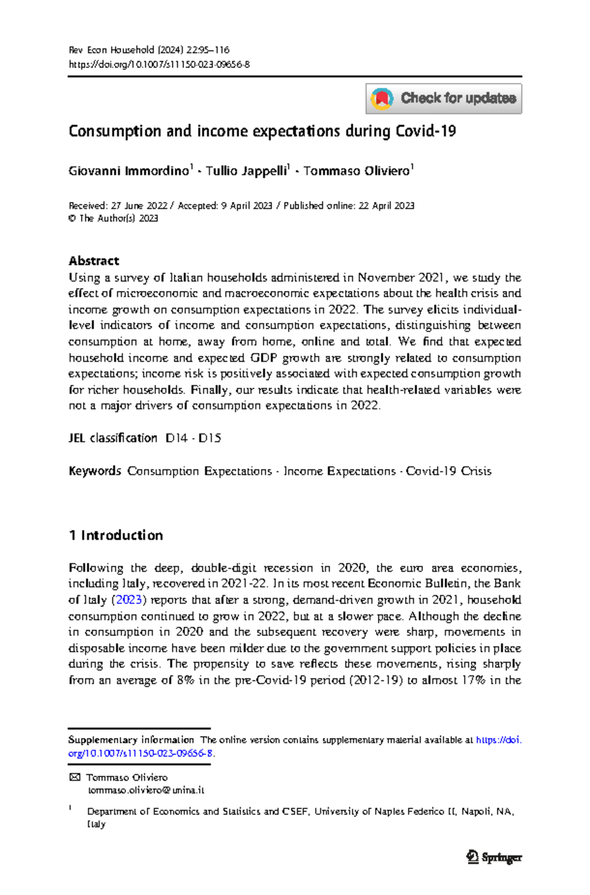 Rev Econ (2024) Consumption & Income Expectations During COVID-19 - Studocu