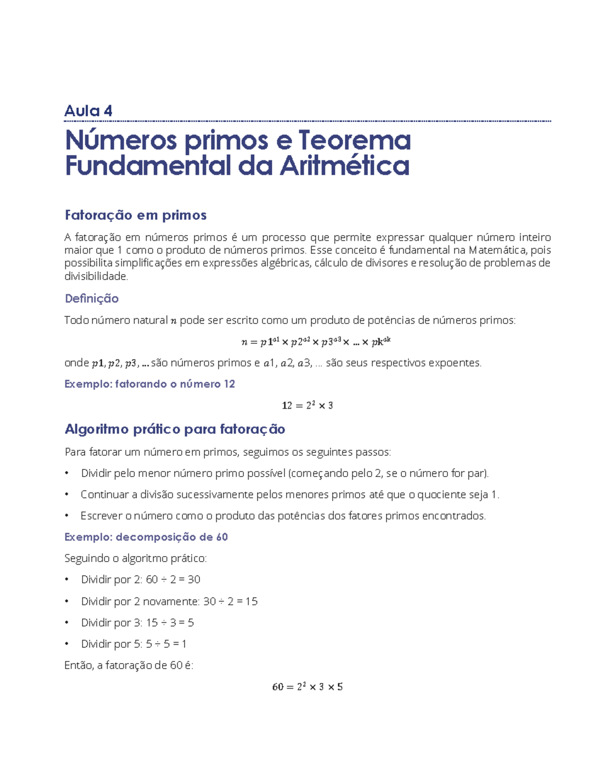 Aula 4: Números Primos e Teorema Fundamental da Aritmética - Studocu