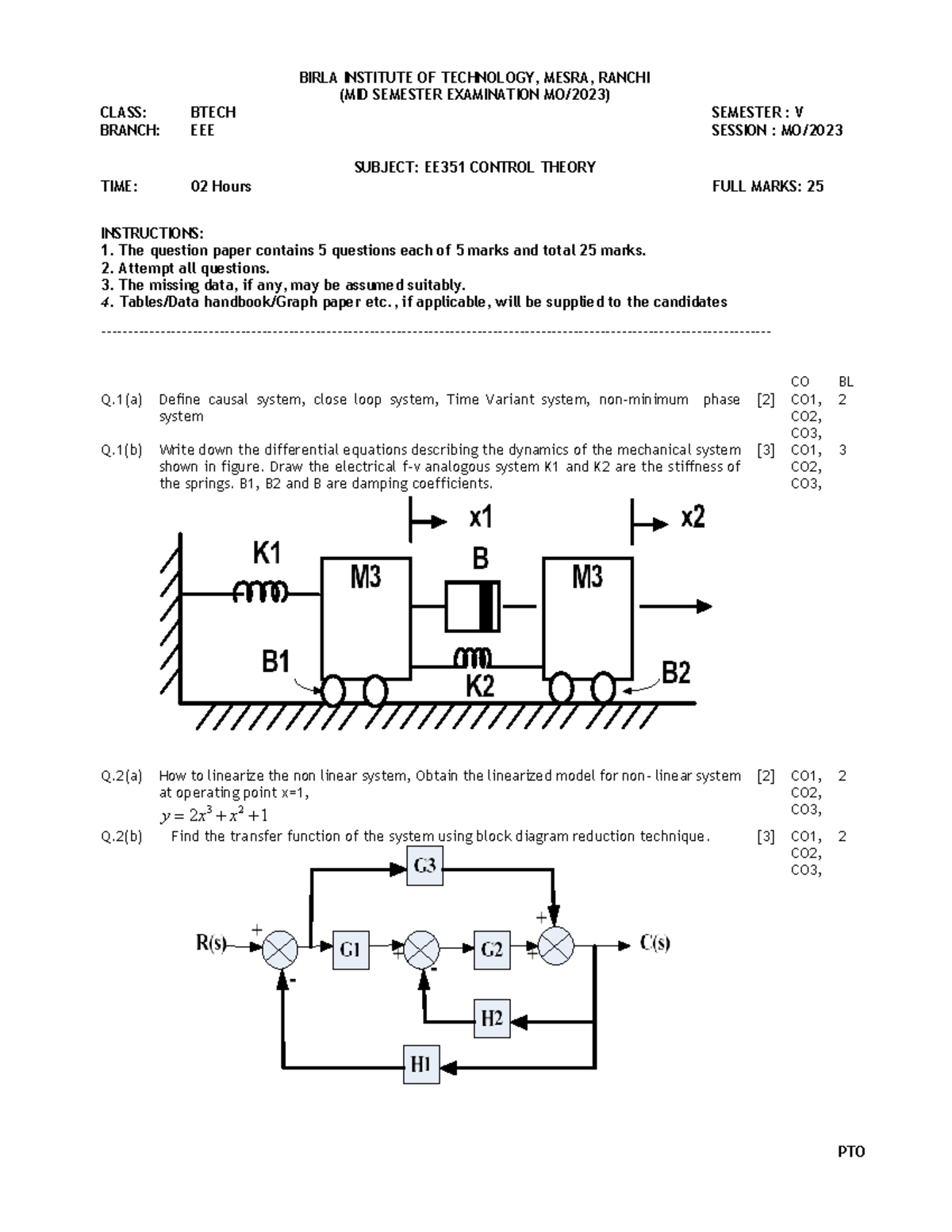 EE351 Control Theory Mid Semester Exam MO23 - Studocu