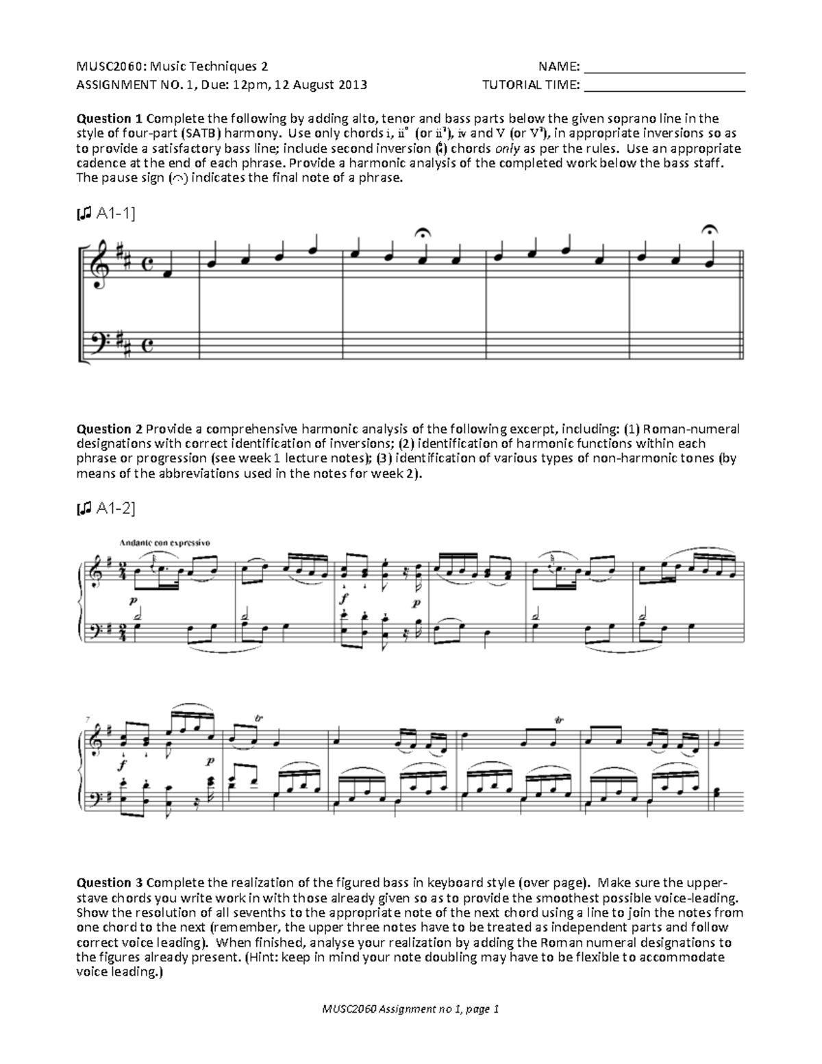 MUSC2060: Music Techniques 2 - Assignment 1 Analysis & Completion - Studocu