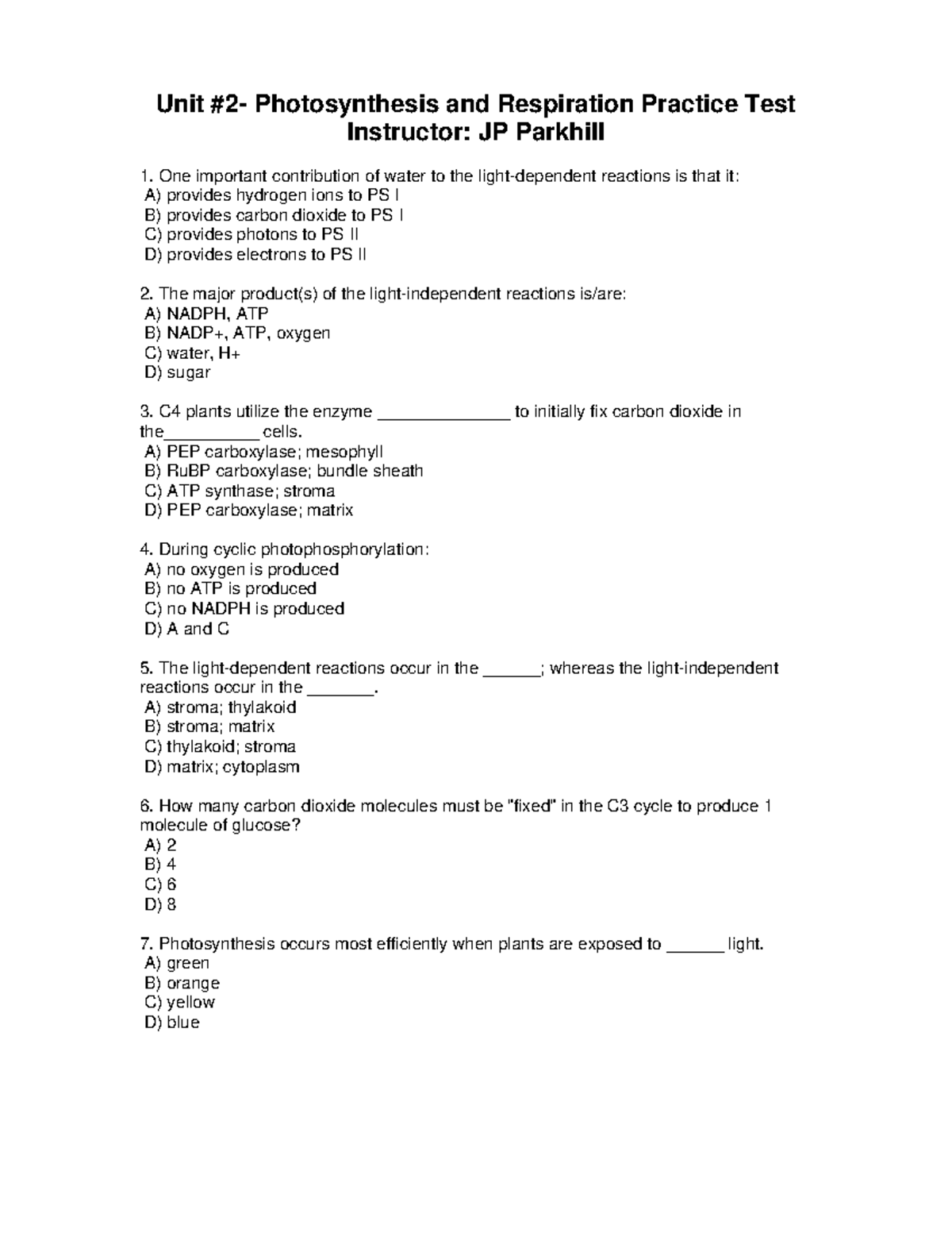 JP Unit Test 2 Practice - Unit #2- Photosynthesis and Respiration ...