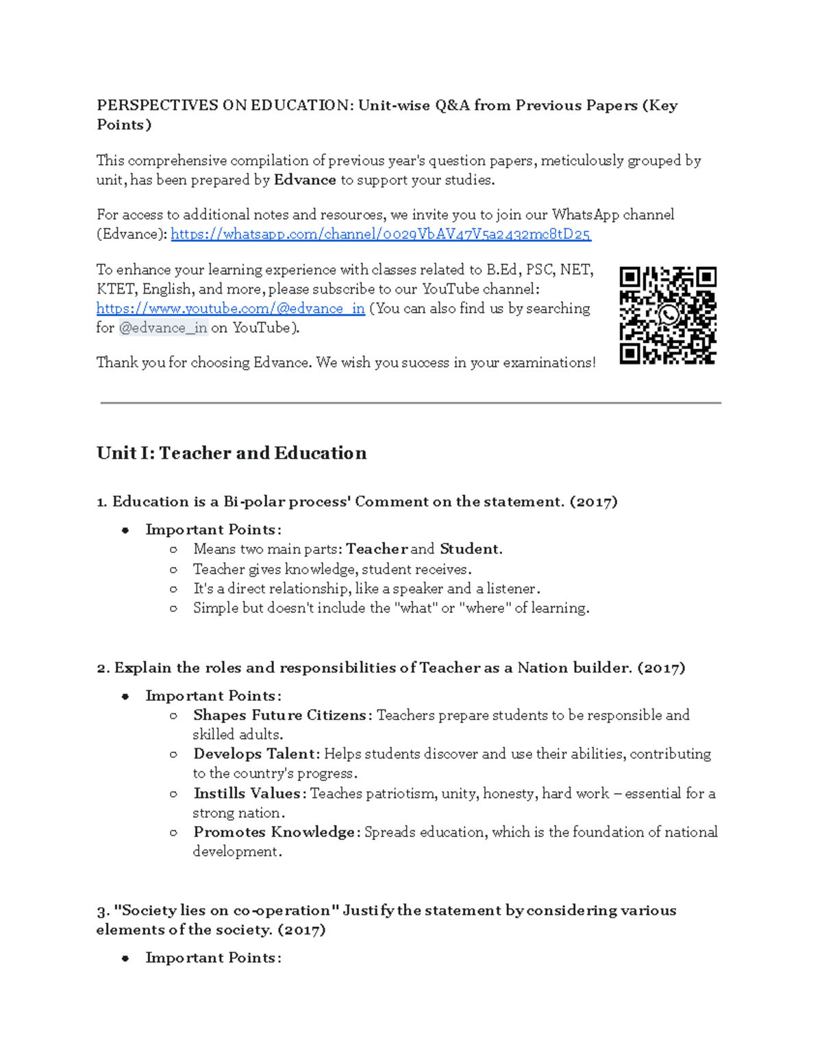 Perspectives on Education: Unit-wise Q&A from Previous Papers (Key ...