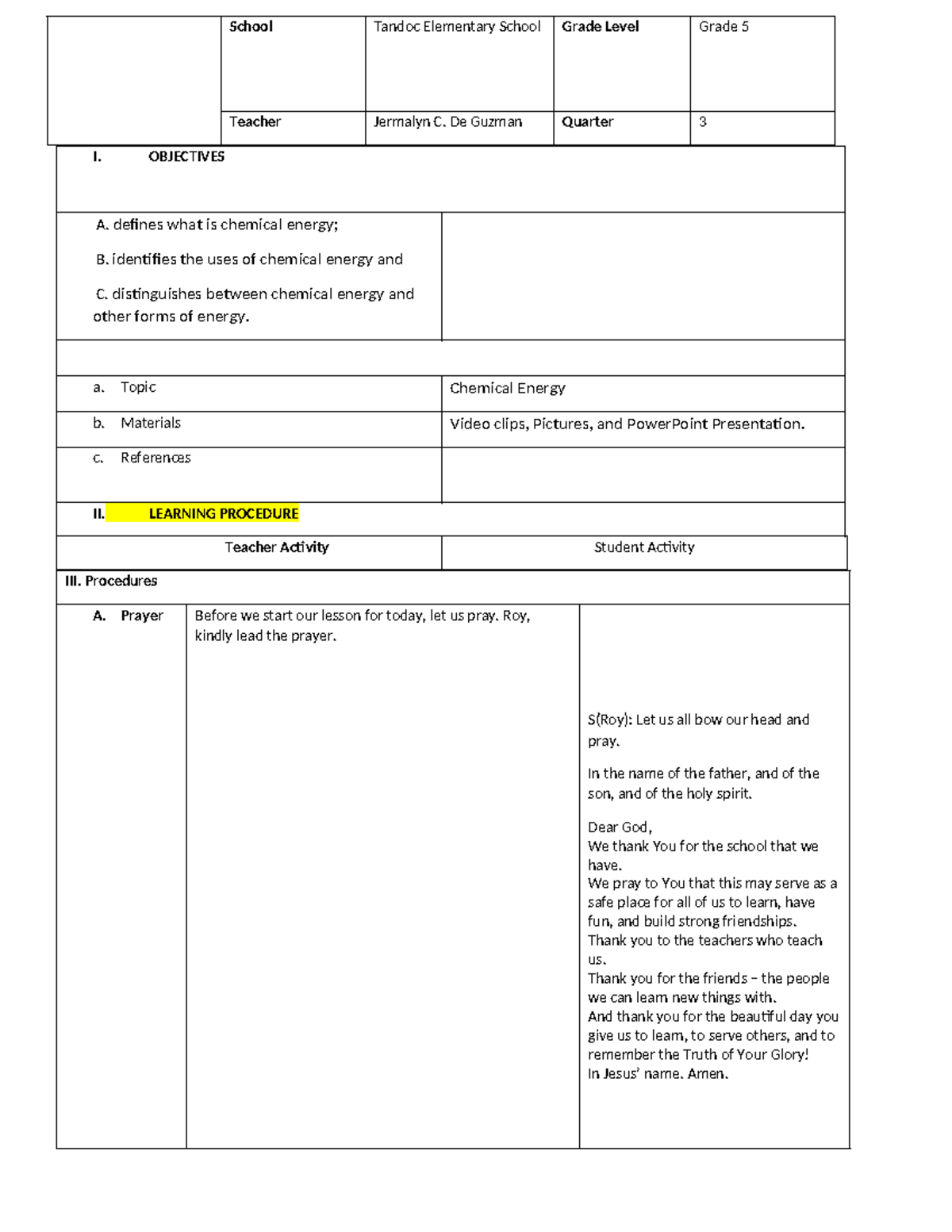 LPSCI 5 - Lesson Plan on Chemical Energy for Grade 5 Students - Studocu