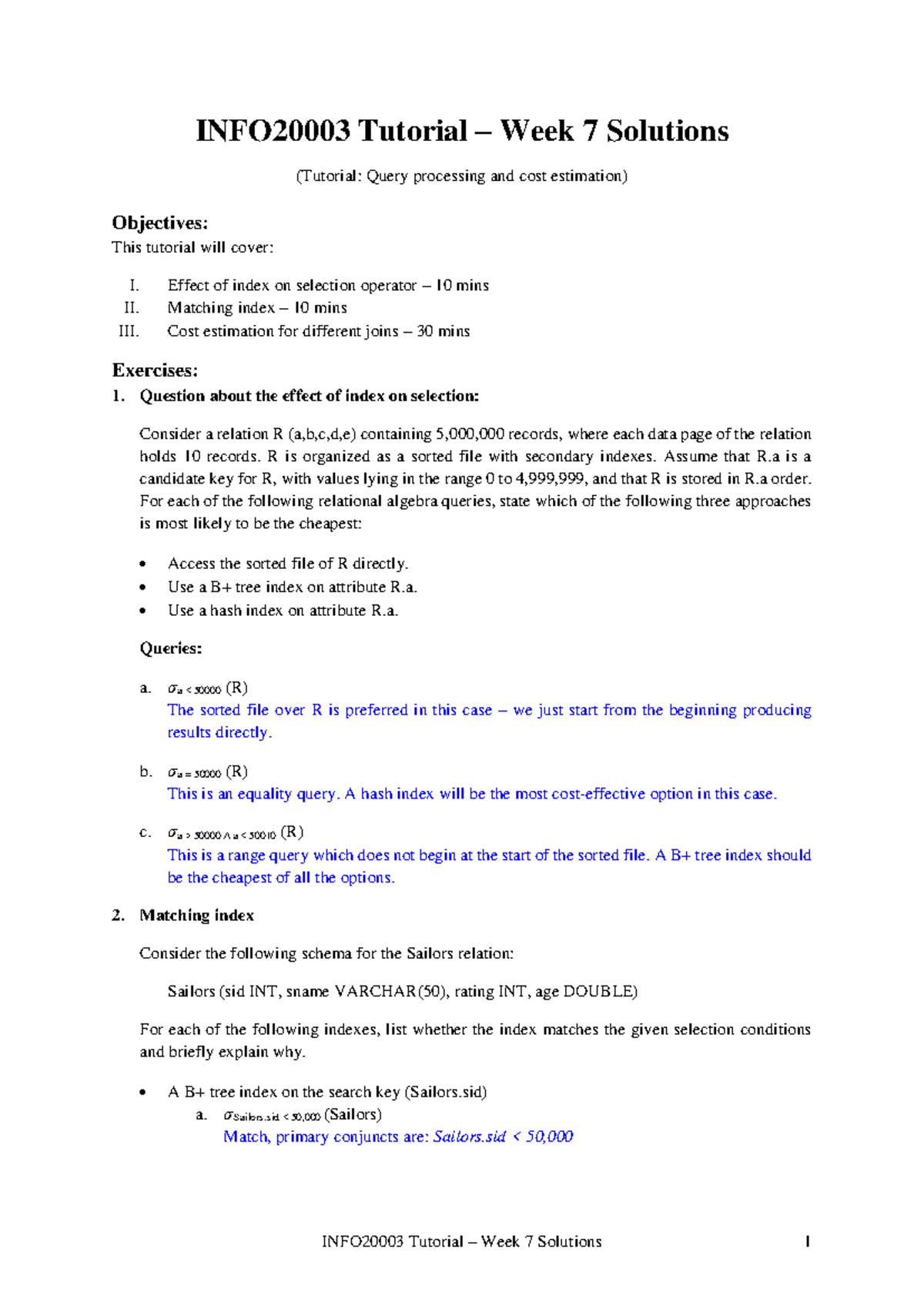 INFO2000 3 Tutorial-Week7 - Solutions - INFO20003 Tutorial – Week 7 Solutions (Tutorial: Query ...