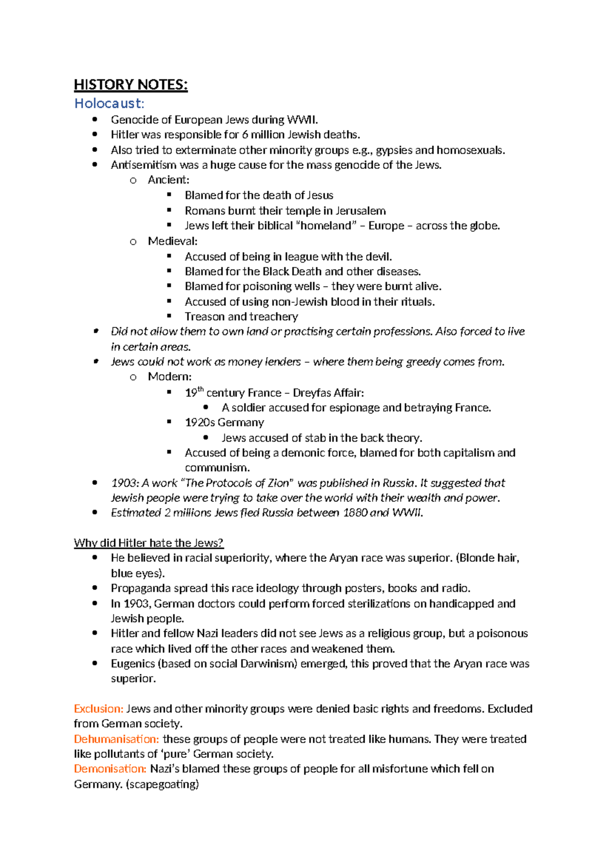 HISTORY NOTES: Holocaust and Genocide of Jews in WWII - Studocu