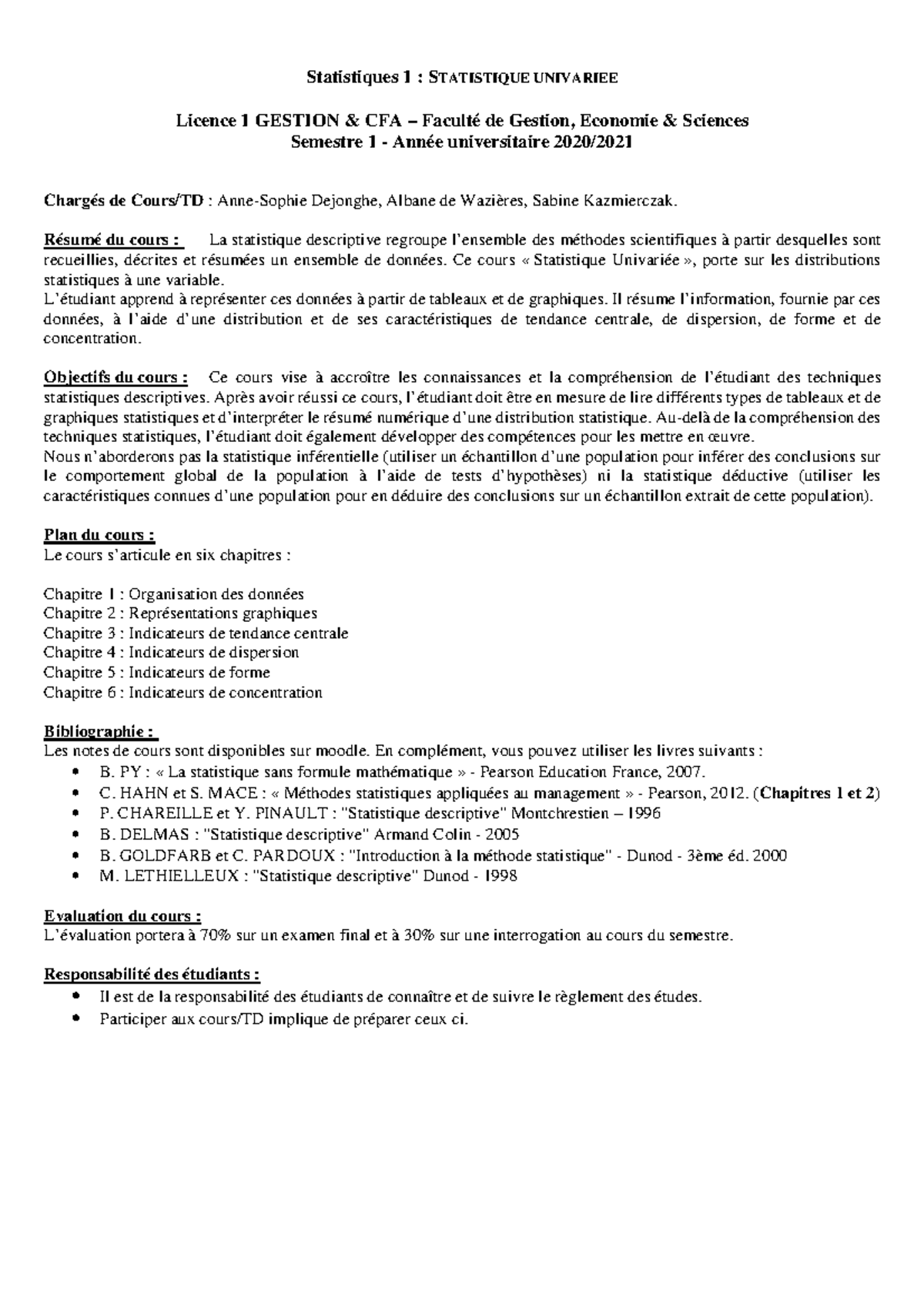 Statistiques 1 : Cours de Statistique Univariée L1-GESTION S1 - Studocu