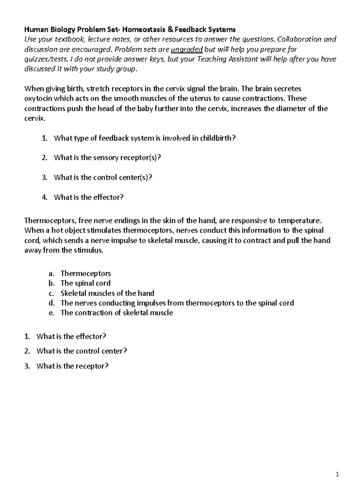 Human Biology Problem Set: Homeostasis & Feedback Systems - Studocu