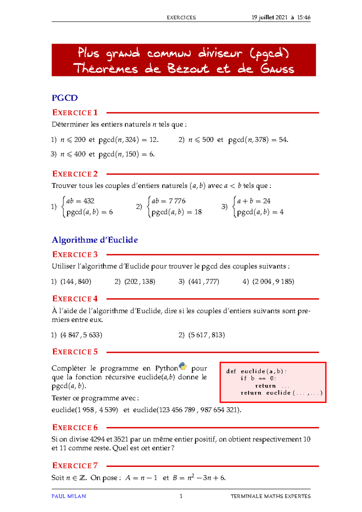 Exercices sur le PGCD, Théorèmes de Bézout et de Gauss - Terminale ...