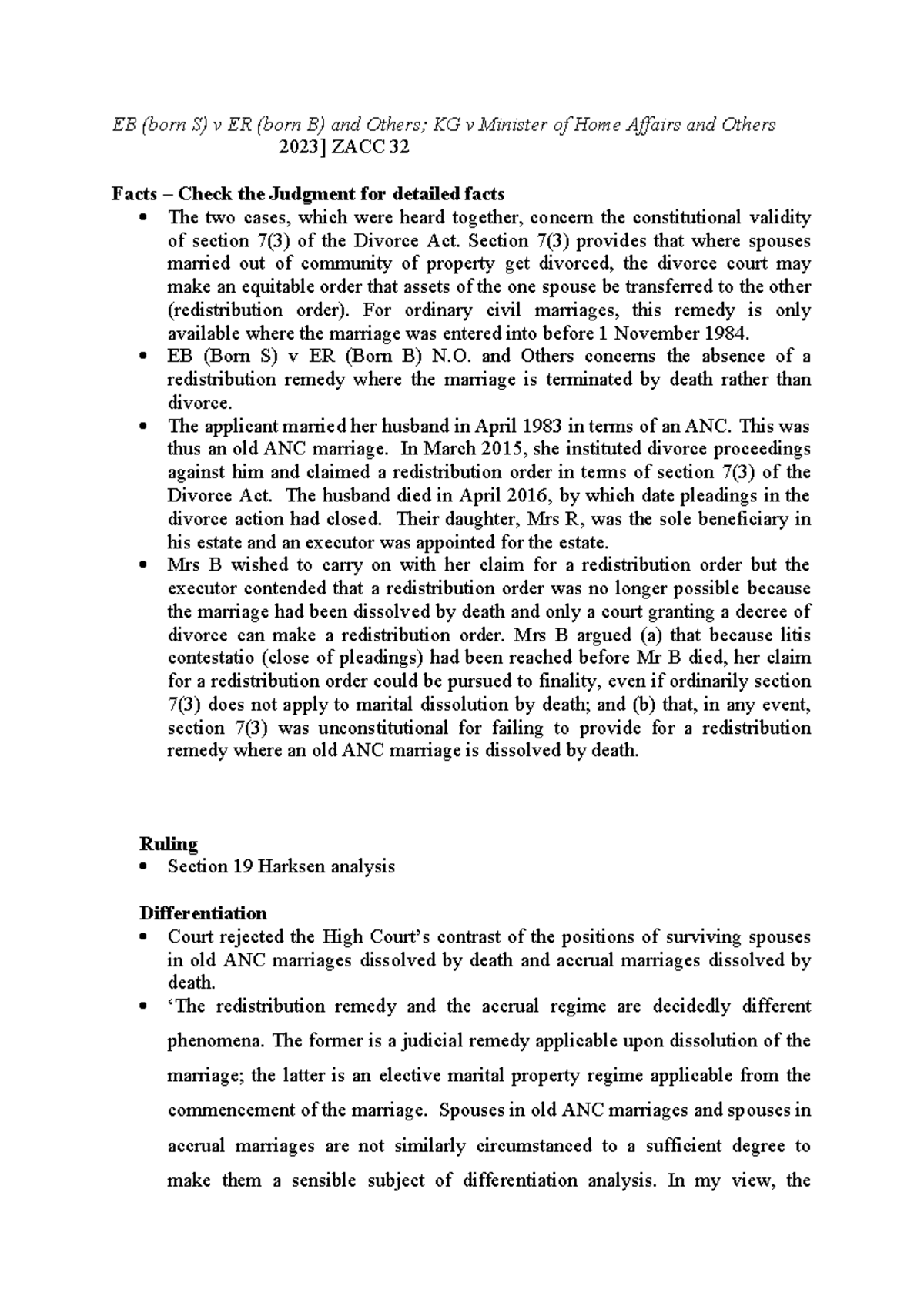EB (born S) v ER (born B) Case Summary: Constitutional Validity of Divorce Act - Studocu