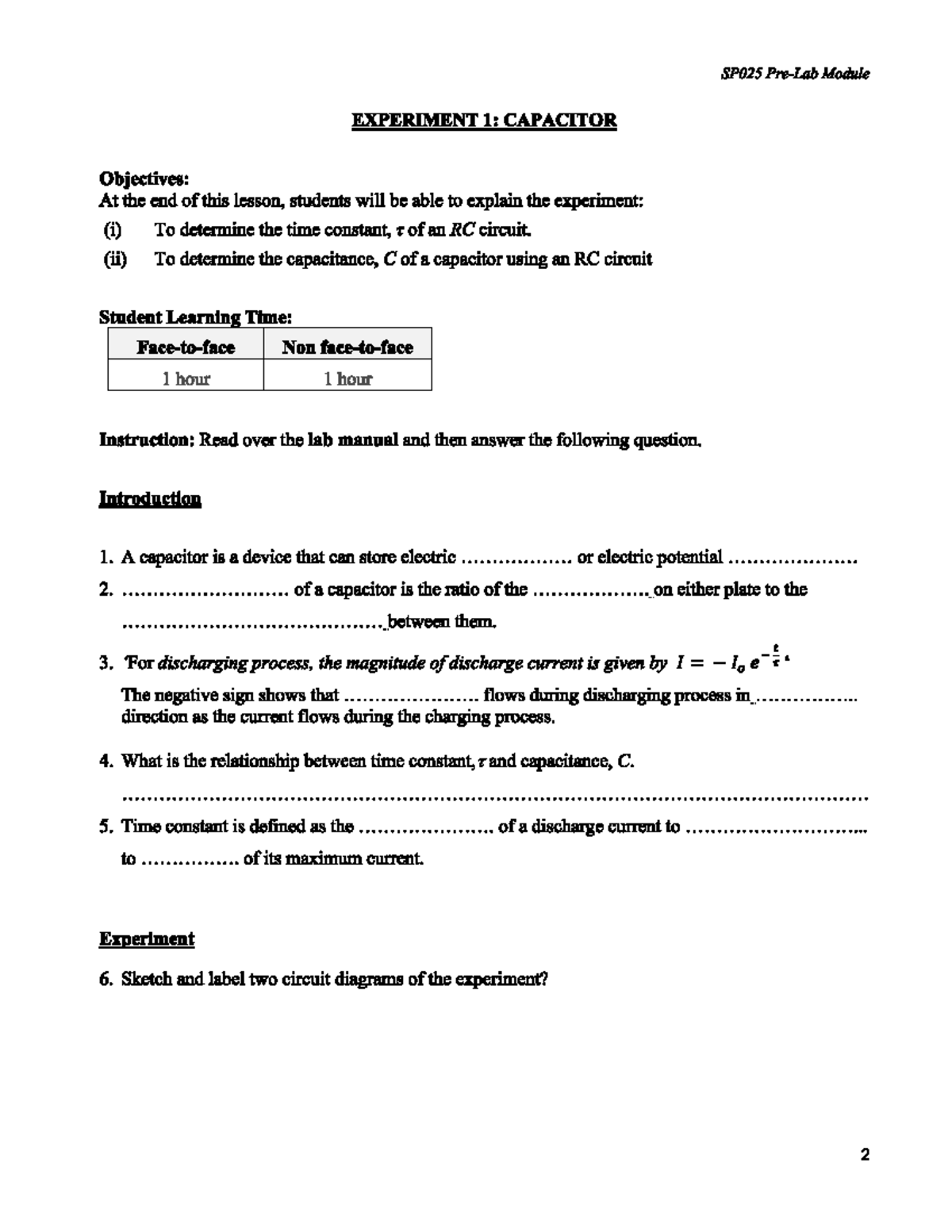 SP025 Module: Capacitor Experiment 1 Prelab Guide - Studocu