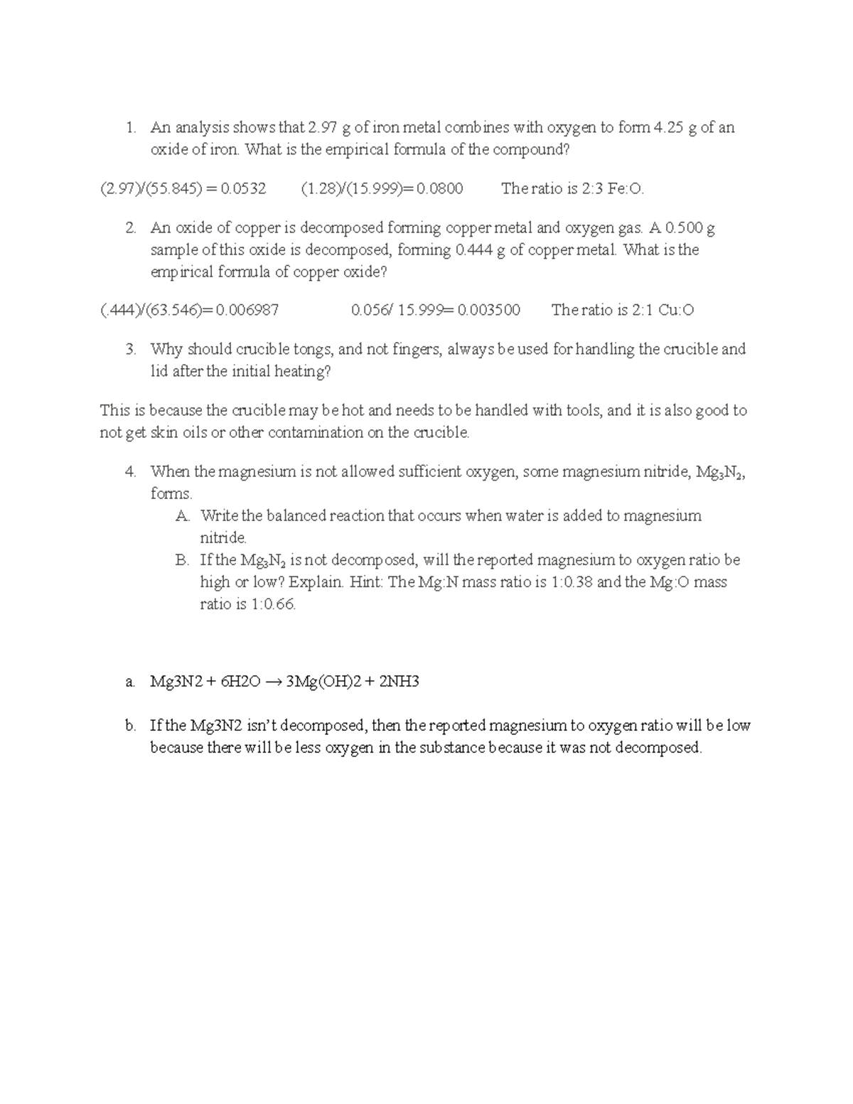 Chemistry 101: Post-Lab on Empirical Formula Determination - Studocu