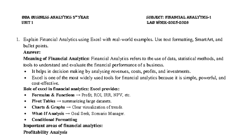 BBA Business Analytics 3rd Year Unit 1: Financial Lab Procedures and Analytics - Studocu