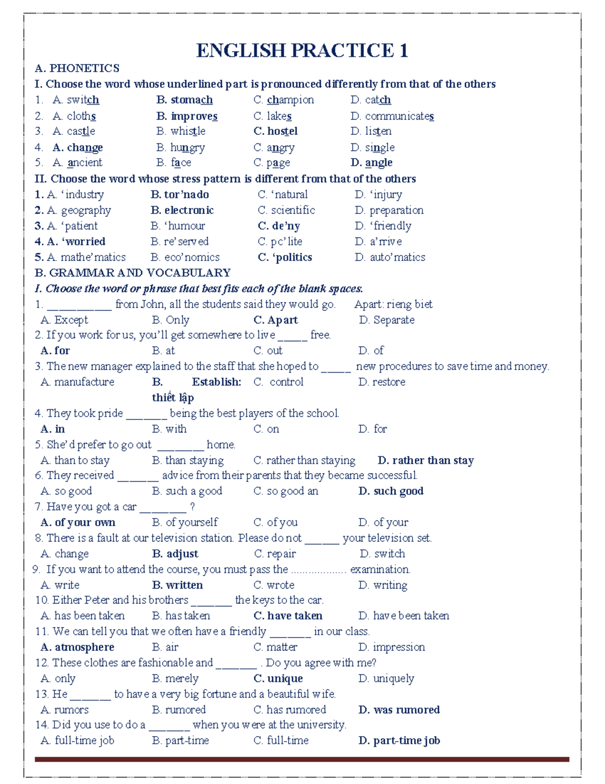 ENGLISH PRACTICE 1: PHONETICS, GRAMMAR & READING EXERCISES - Studocu