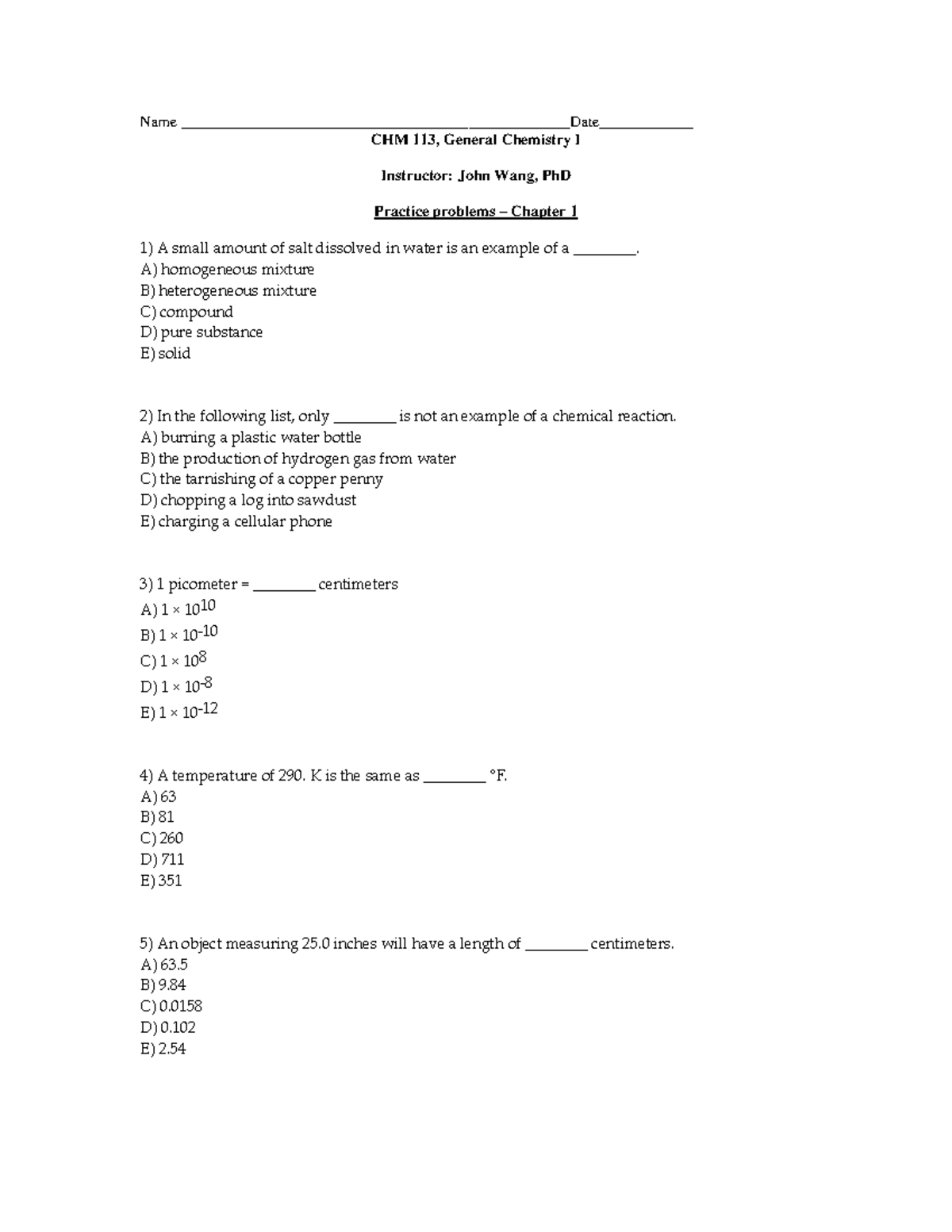 CHM 113 General Chemistry I Practice Problems - Chapter 1 - Studocu