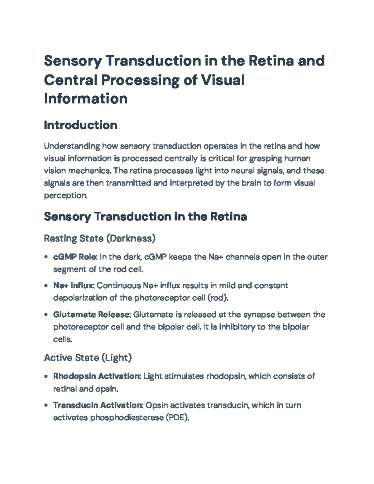 Sensory Transduction and Visual Processing in the Retina (BIO101 ...