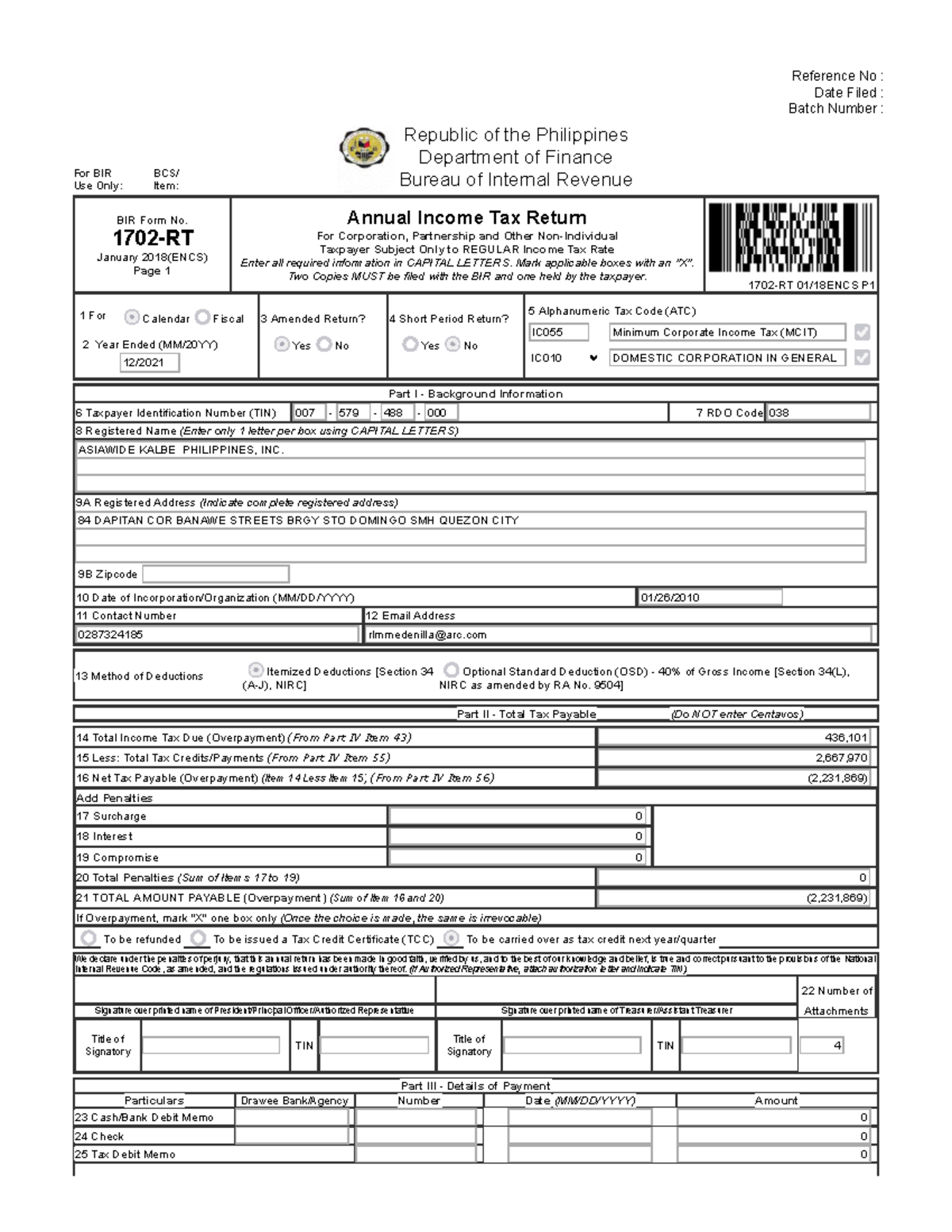 BIR Form 1702-RT Tentative 2021 - Reference No : Date Filed : Batch ...