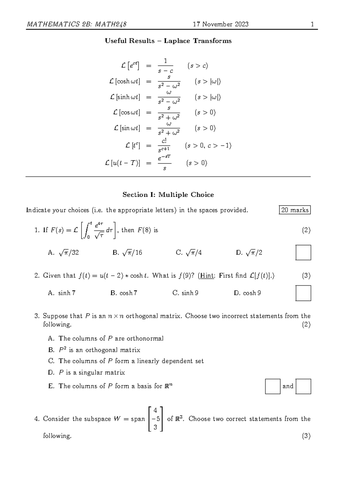 M248 Final Exam (2023) - Laplace Transforms and Results - Studocu