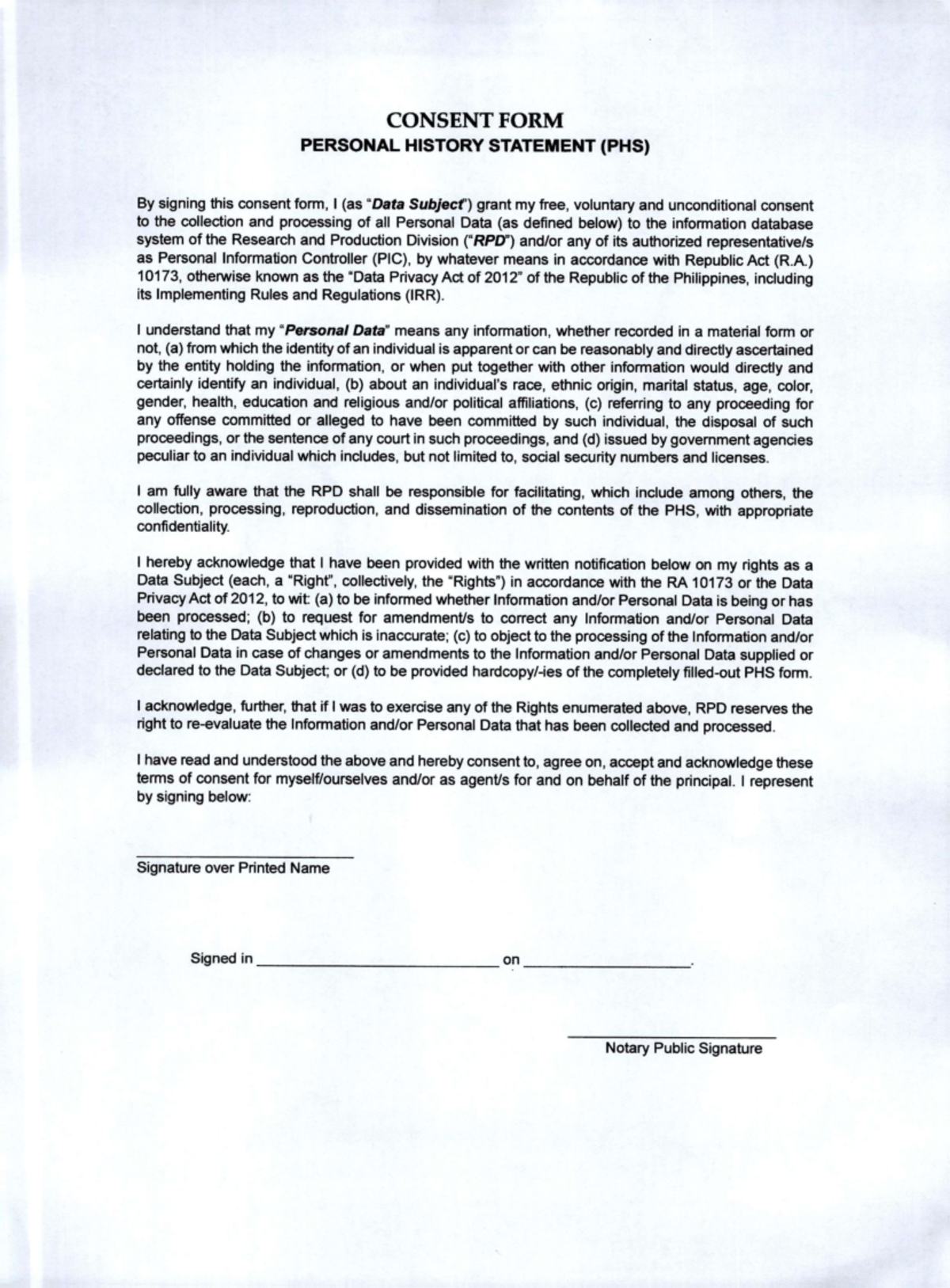 Bucor PHS Consent Form for Personal Data Processing Compliance - Studocu