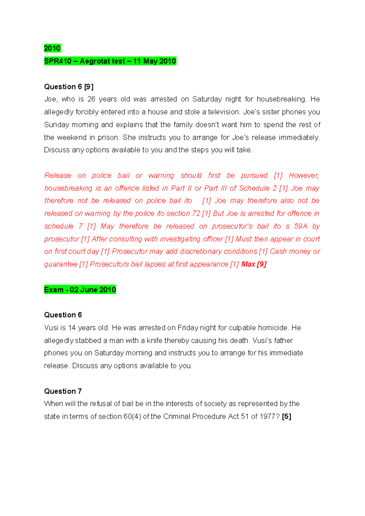 SPR410 – Revision of Bail Questions and Legal Procedures - Studocu