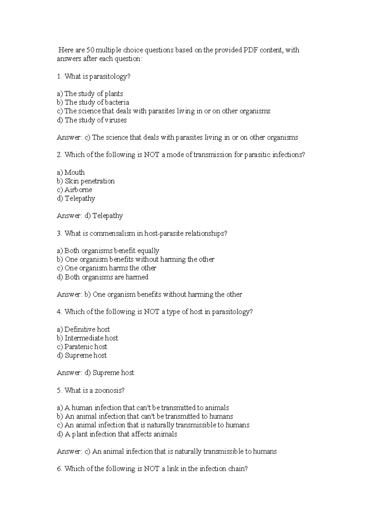 Parasitology MCQ Set: 50 Key Questions with Answers for Study - Studocu