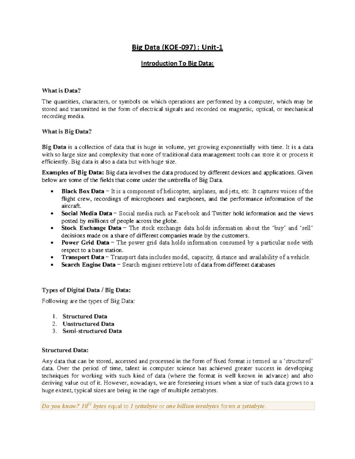 Big Data (KOE-097) Unit-1 Notes - Big Data (KOE-097) : Unit ...