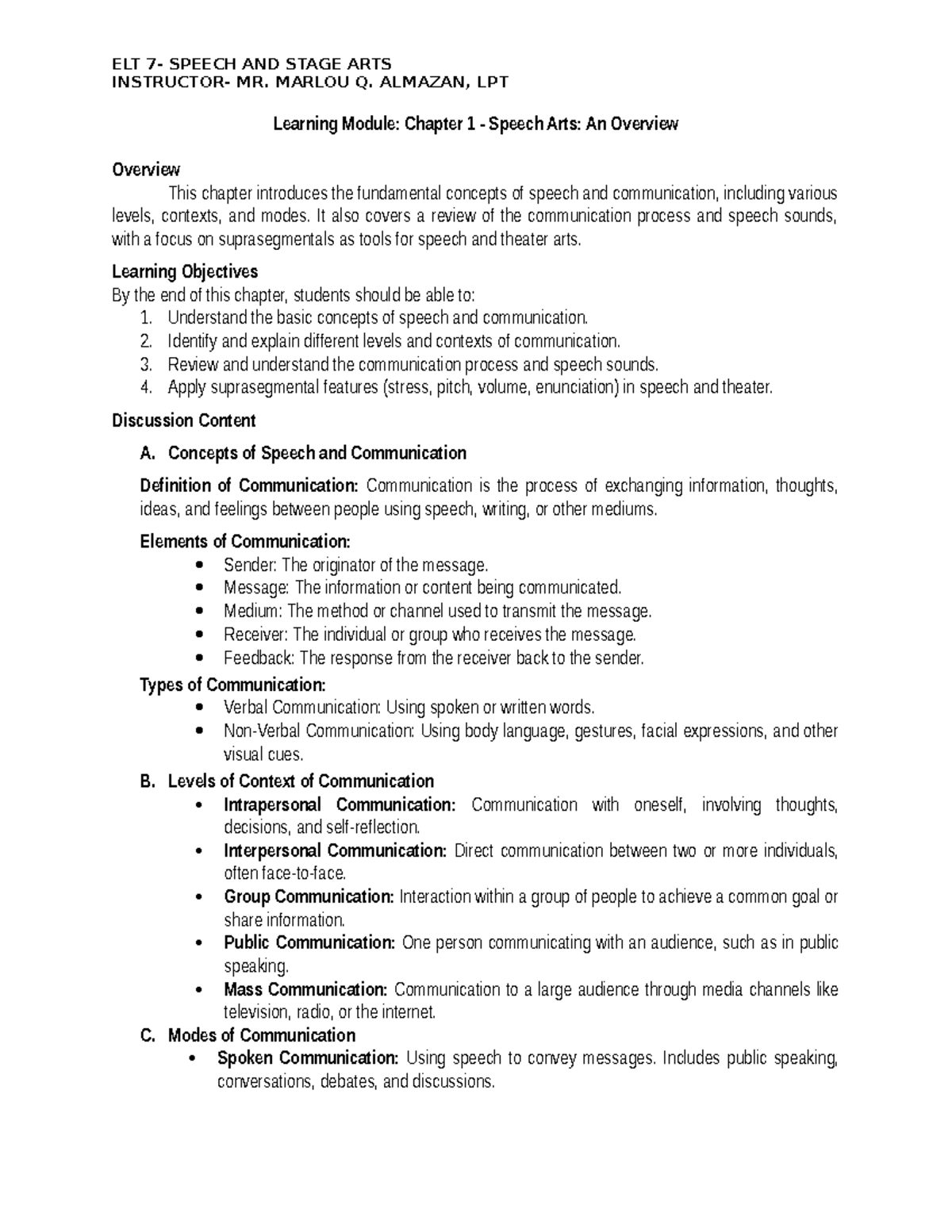 ELT 7 - Module 1: Speech Arts Concepts and Theatrical Communication ...
